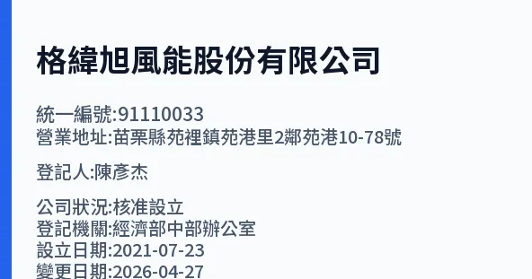 格緯旭風能股份有限公司的照片-統編 91110033(苗栗縣) 公司登記資料與營業項目詳細圖表