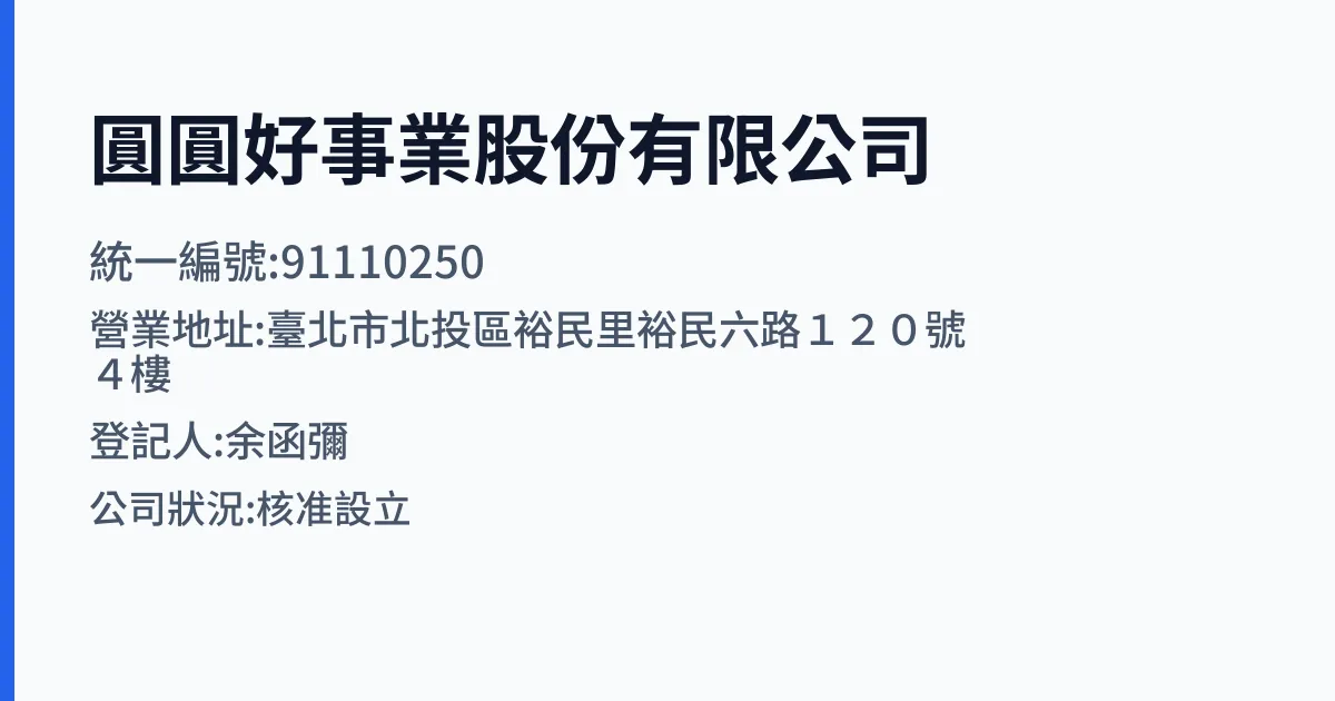 圓圓好事業股份有限公司 - 統編 91110250(臺北市) 公司登記資料與營業項目詳細圖表
