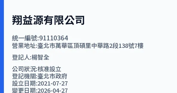 翔益源有限公司的照片-統編 91110364(臺北市) 公司登記資料與營業項目詳細圖表