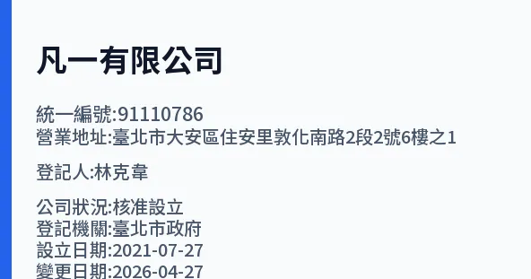 凡一有限公司的照片-統編 91110786(臺北市) 公司登記資料與營業項目詳細圖表