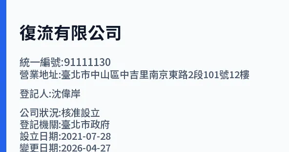 復流有限公司的照片-統編 91111130(臺北市) 公司登記資料與營業項目詳細圖表