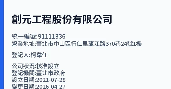 創元工程股份有限公司的照片-統編 91111336(臺北市) 公司登記資料與營業項目詳細圖表