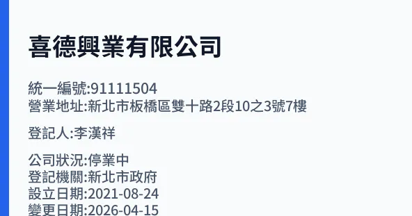 喜德興業有限公司的照片-統編 91111504(新北市) 公司登記資料與營業項目詳細圖表