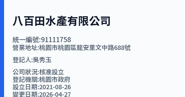 八百田水產有限公司的照片-統編 91111758(桃園市) 公司登記資料與營業項目詳細圖表