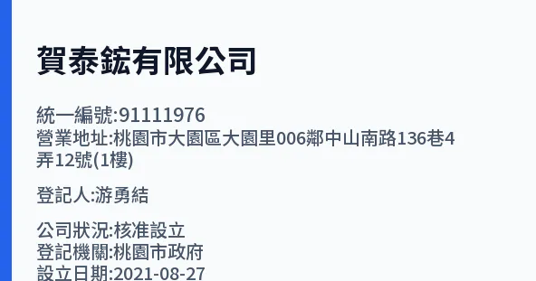 賀泰鋐有限公司的照片-統編 91111976(桃園市) 公司登記資料與營業項目詳細圖表