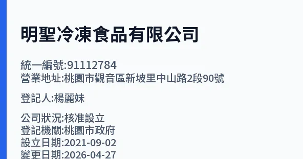 明聖冷凍食品有限公司的照片-統編 91112784(桃園市) 公司登記資料與營業項目詳細圖表
