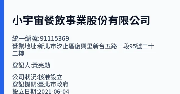 小宇宙餐飲事業股份有限公司的照片-統編 91115369(新北市) 公司登記資料與營業項目詳細圖表