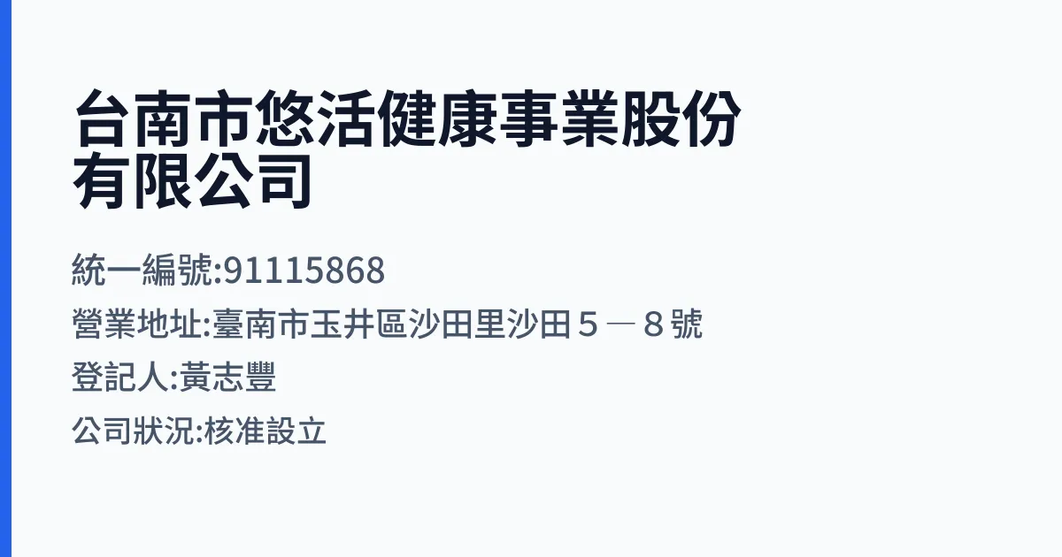 台南市悠活健康事業股份有限公司 - 統編 91115868(臺南市) 公司登記資料與營業項目詳細圖表