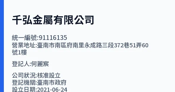 千弘金屬有限公司的照片-統編 91116135(臺南市) 公司登記資料與營業項目詳細圖表