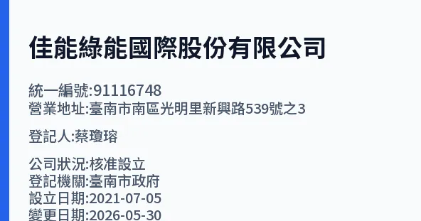 佳能綠能國際股份有限公司的照片-統編 91116748(臺南市) 公司登記資料與營業項目詳細圖表