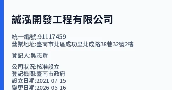 誠泓開發工程有限公司的照片-統編 91117459(臺南市) 公司登記資料與營業項目詳細圖表
