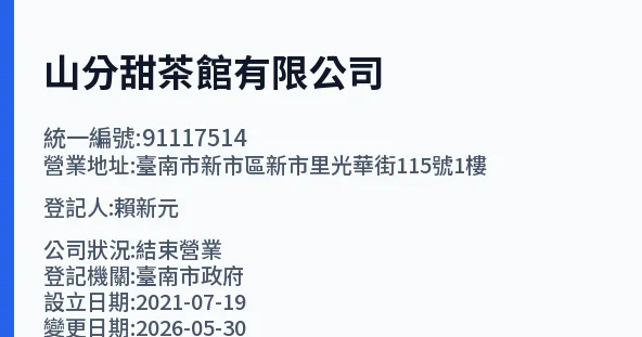 山分甜茶館有限公司的照片-統編 91117514(臺南市) 公司登記資料與營業項目詳細圖表