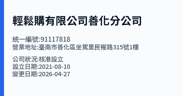輕鬆購有限公司善化分公司的照片-統編 91117818(臺南市) 公司登記資料與營業項目詳細圖表