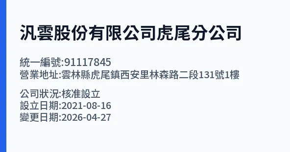 汎雲股份有限公司虎尾分公司的照片-統編 91117845(雲林縣) 公司登記資料與營業項目詳細圖表