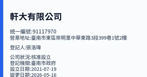 軒大有限公司的照片-統編 91117970(臺南市) 公司登記資料與營業項目詳細圖表