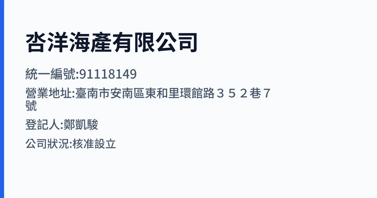 呇洋海產有限公司 - 統編 91118149(臺南市) 公司登記資料與營業項目詳細圖表