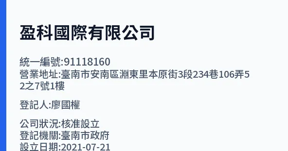 盈科國際有限公司的照片-統編 91118160(臺南市) 公司登記資料與營業項目詳細圖表