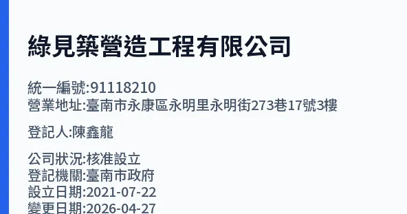 綠見築營造工程有限公司的照片-統編 91118210(臺南市) 公司登記資料與營業項目詳細圖表