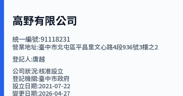 高野有限公司的照片-統編 91118231(臺中市) 公司登記資料與營業項目詳細圖表