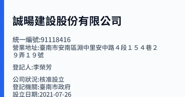 誠暘建設股份有限公司的照片-統編 91118416(臺南市) 公司登記資料與營業項目詳細圖表