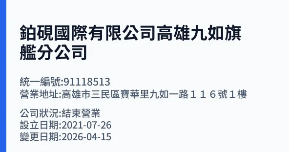 鉑硯國際有限公司高雄九如旗艦分公司的照片-統編 91118513(高雄市) 公司登記資料與營業項目詳細圖表