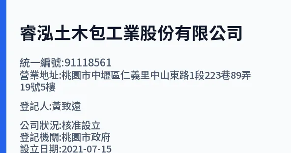 睿泓土木包工業股份有限公司的照片-統編 91118561(桃園市) 公司登記資料與營業項目詳細圖表