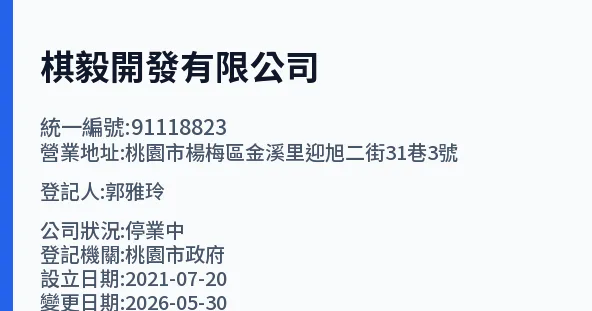 棋毅開發有限公司的照片-統編 91118823(桃園市) 公司登記資料與營業項目詳細圖表