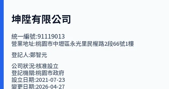 坤陞有限公司的照片-統編 91119013(桃園市) 公司登記資料與營業項目詳細圖表