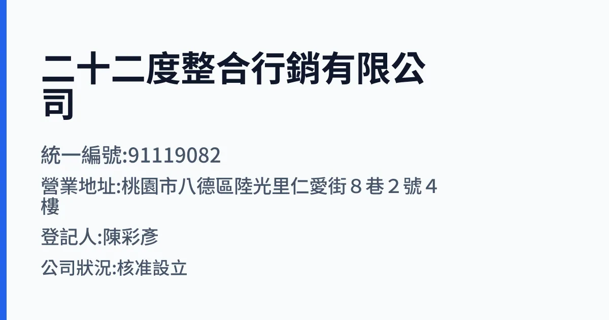 二十二度整合行銷有限公司 - 統編 91119082(桃園市) 公司登記資料與營業項目詳細圖表