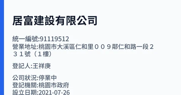 居富建設有限公司的照片-統編 91119512(桃園市) 公司登記資料與營業項目詳細圖表