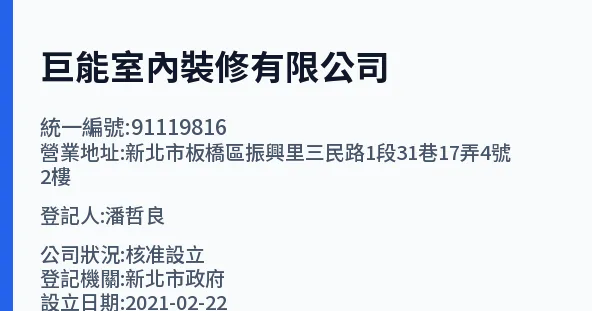 巨能室內裝修有限公司的照片-統編 91119816(新北市) 公司登記資料與營業項目詳細圖表