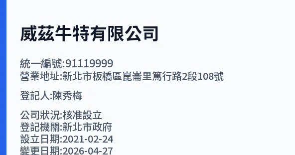 威茲牛特有限公司的照片-統編 91119999(新北市) 公司登記資料與營業項目詳細圖表