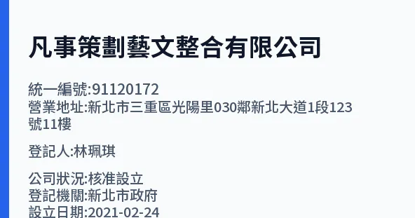 凡事策劃藝文整合有限公司的照片-統編 91120172(新北市) 公司登記資料與營業項目詳細圖表