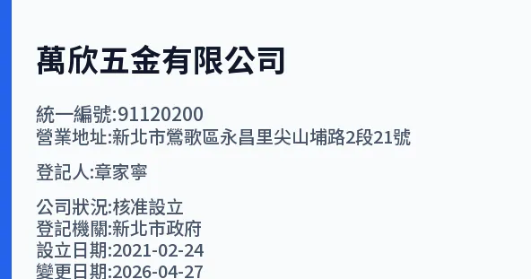 萬欣五金有限公司的照片-統編 91120200(新北市) 公司登記資料與營業項目詳細圖表