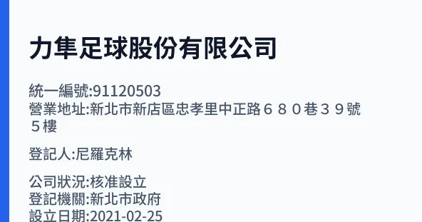 力隼足球股份有限公司的照片-統編 91120503(新北市) 公司登記資料與營業項目詳細圖表