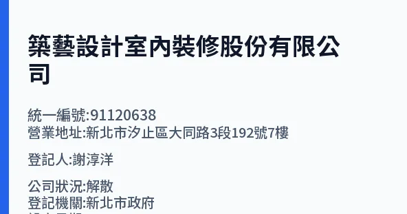 築藝設計室內裝修股份有限公司的照片-統編 91120638(新北市) 公司登記資料與營業項目詳細圖表