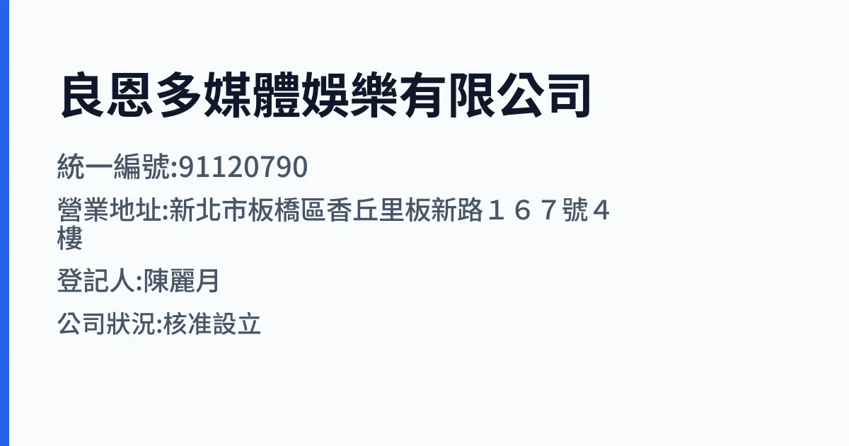 良恩多媒體娛樂有限公司 - 統編 91120790（新北市） 公司登記資料與營業項目詳細圖表