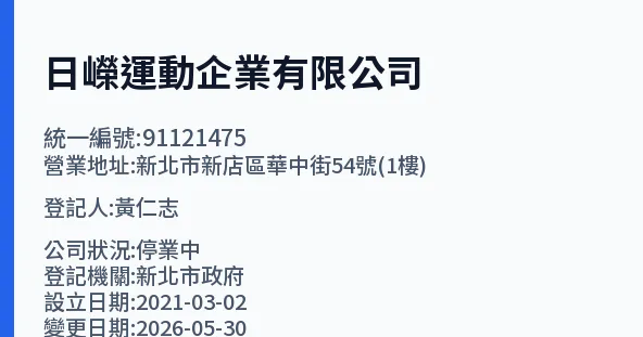 日嶸運動企業有限公司的照片-統編 91121475(新北市) 公司登記資料與營業項目詳細圖表