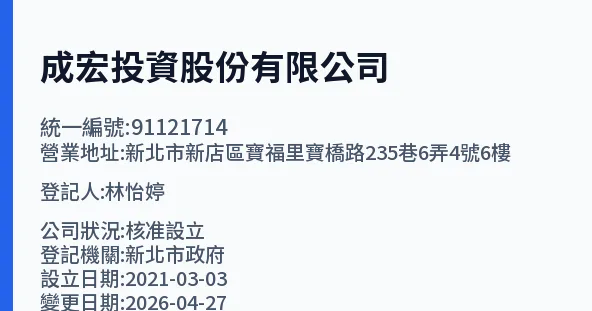 成宏投資股份有限公司的照片-統編 91121714(新北市) 公司登記資料與營業項目詳細圖表