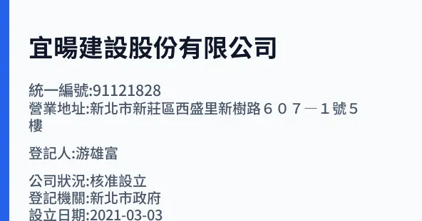 宜暘建設股份有限公司的照片-統編 91121828(新北市) 公司登記資料與營業項目詳細圖表