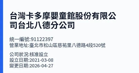 台灣卡多摩嬰童館股份有限公司台北八德分公司的照片-統編 91122397(臺北市) 公司登記資料與營業項目詳細圖表