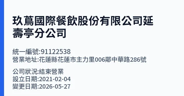 玖蔦國際餐飲股份有限公司延壽亭分公司的照片-統編 91122538(花蓮縣) 公司登記資料與營業項目詳細圖表