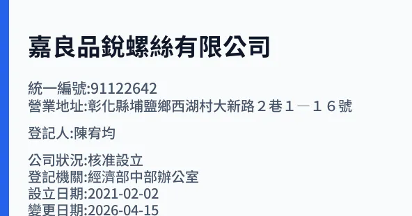 嘉良品銳螺絲有限公司的照片-統編 91122642(彰化縣) 公司登記資料與營業項目詳細圖表