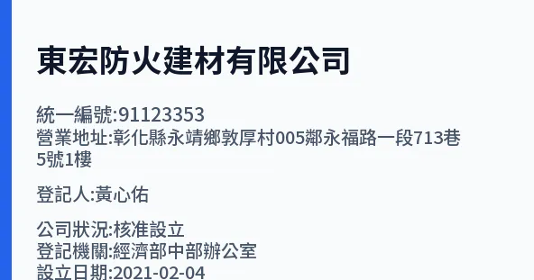 東宏防火建材有限公司的照片-統編 91123353(彰化縣) 公司登記資料與營業項目詳細圖表