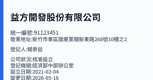 益方開發股份有限公司的照片-統編 91123451(新竹市) 公司登記資料與營業項目詳細圖表