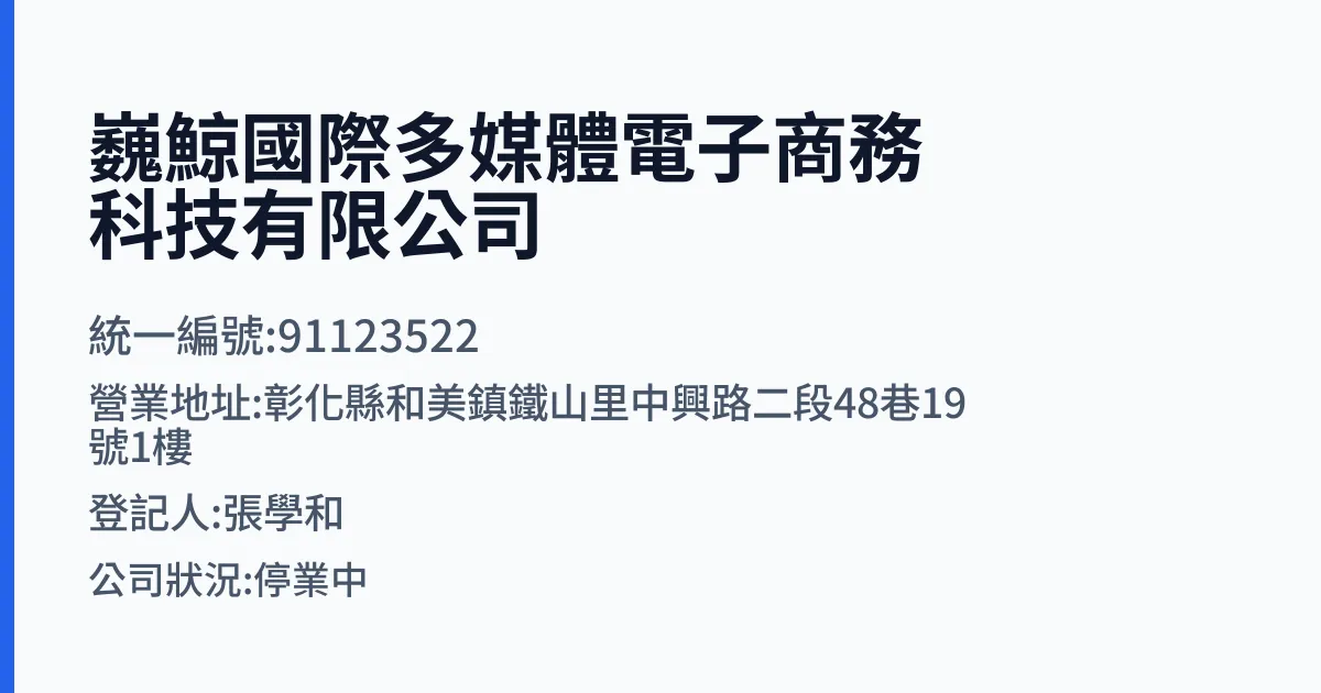 巍鯨國際多媒體電子商務科技有限公司 - 統編 91123522(彰化縣) 公司登記資料與營業項目詳細圖表