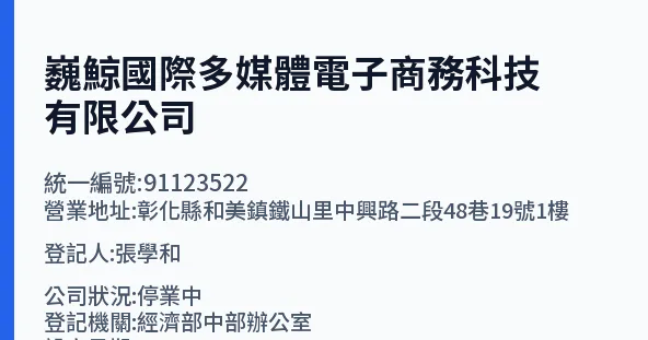 巍鯨國際多媒體電子商務科技有限公司的照片-統編 91123522(彰化縣) 公司登記資料與營業項目詳細圖表