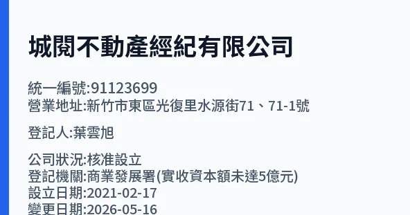 城閱不動產經紀有限公司的照片-統編 91123699(新竹市) 公司登記資料與營業項目詳細圖表