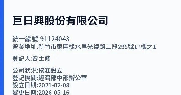 巨日興股份有限公司的照片-統編 91124043(新竹市) 公司登記資料與營業項目詳細圖表