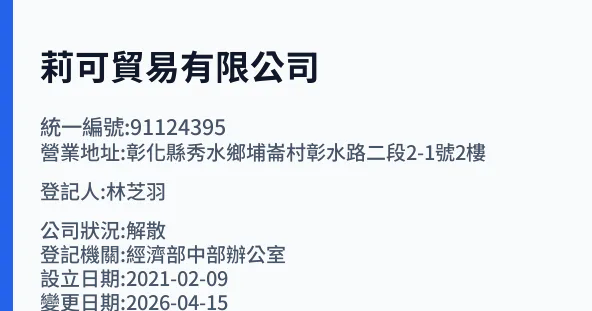 莉可貿易有限公司的照片-統編 91124395(彰化縣) 公司登記資料與營業項目詳細圖表